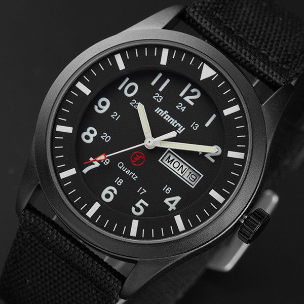 INFANTRY Men's Luminous Black Silver Case Date Day Police Army Fabric ...