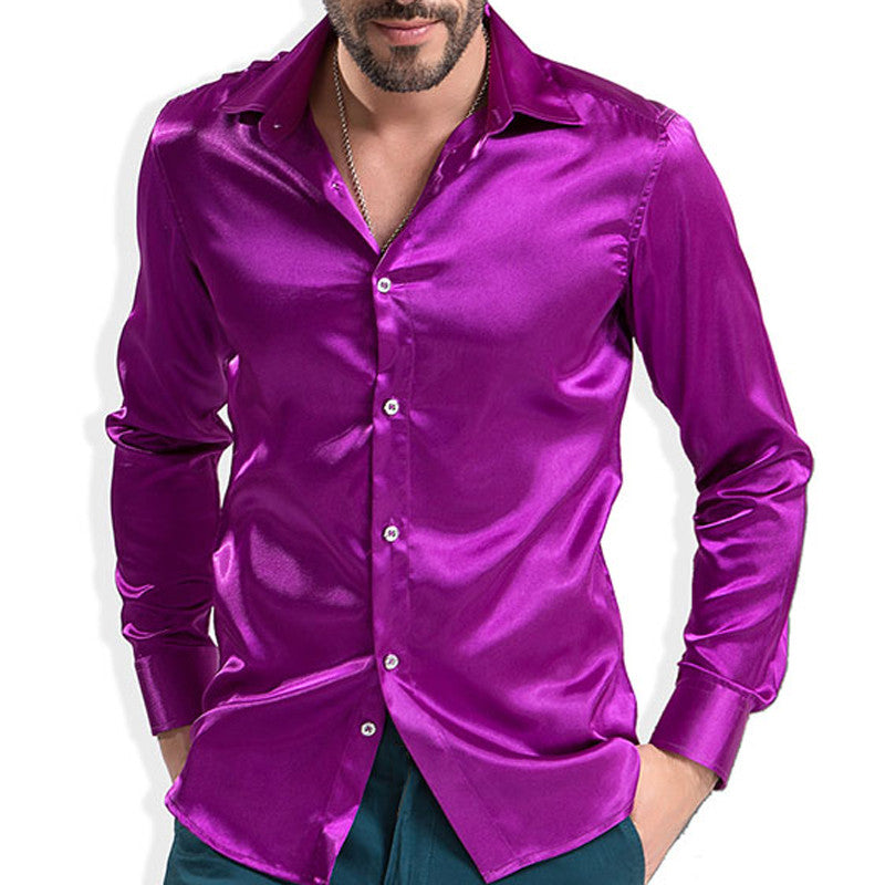 2016 Fashion Shiny Silky Satin Dress Shirt Luxury Silk Like Long Sleev ...